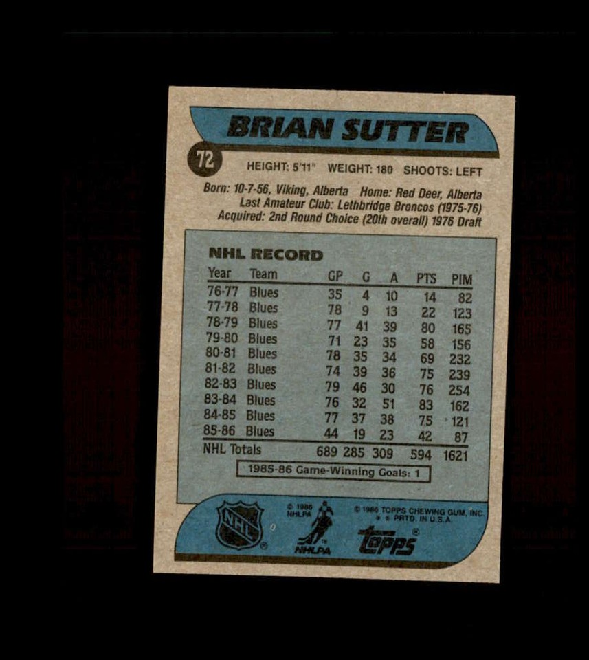 1986 Topps Hockey #072 Brian Sutter STARX 9 MINT (CS807634) | eBay
