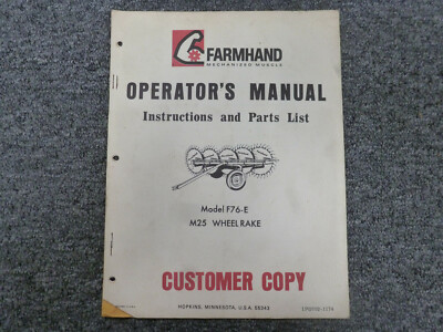 Farmhand F76-E M25 Wheel Rake Owner Operator Maintenance Parts Catalog ...