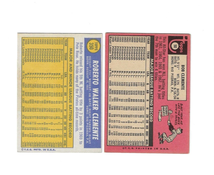 1969 AND 1970 TOPPS LOT OF 2 ROBERTO CLEMENTE VG NICE COLORS LOT OF 2 ...