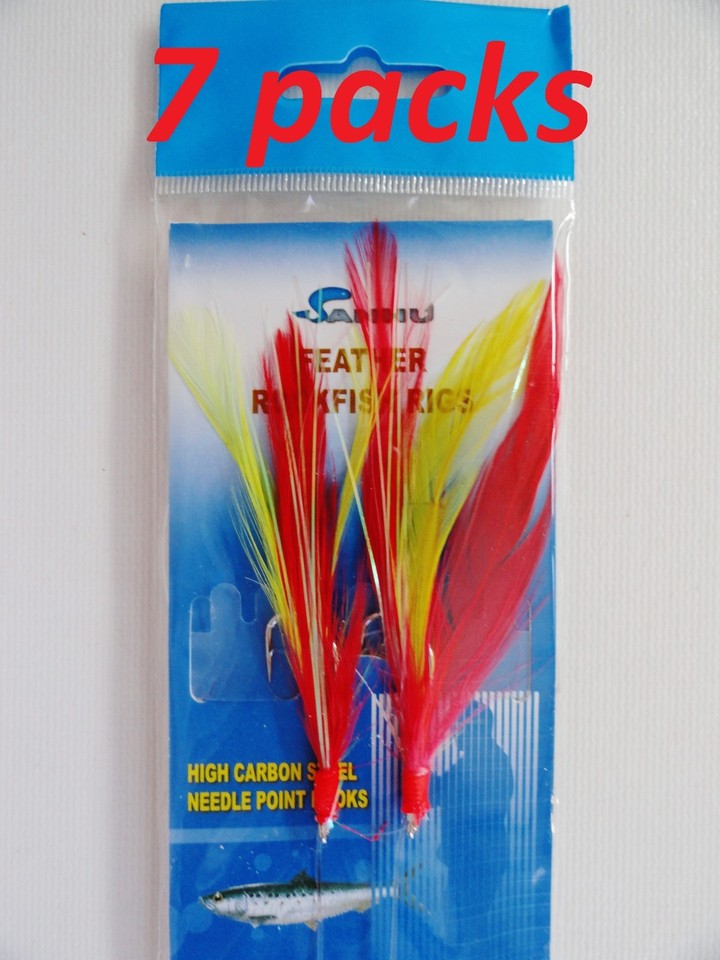 3-100 packs size 3/0 rock cod rigs red/yellow feather rockfish baits-2 ...