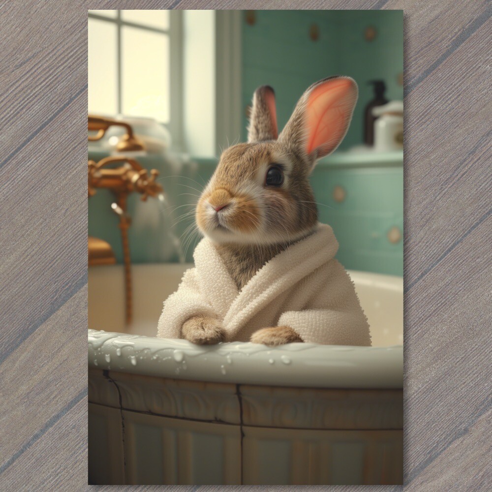 POSTCARD Bunny Rabbit Robe In Bath Bathrobe Bathroom Cute Shower Clean ...