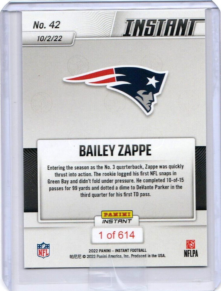 2022 PANINI INSTANT BAILEY ZAPPE #42 NFL RC 1/614 IN STOCK | eBay