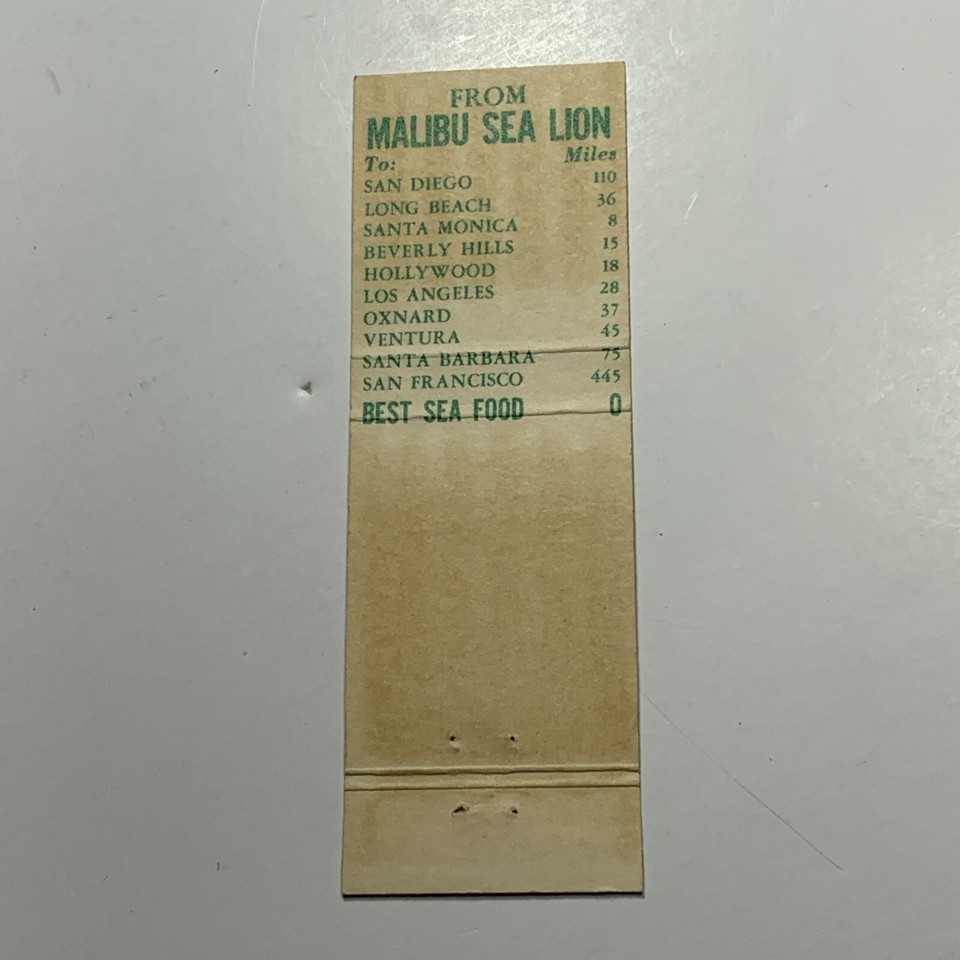 Malibu California Matchbook Cover Sea Lion Restaurant Pacific Coast ...