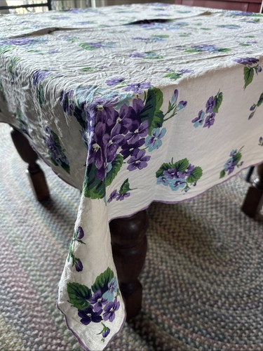 VTG Linen Tablecloth Floral Purple Violet Columbia Blue 51x50” Finished ...