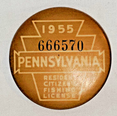 1955 PA Pennsylvania FISHING LICENSE BUTTON Pin Pinback Badge Resident ...