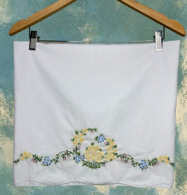 Hand embroidered floral standard pillowcase Scalloped Hem Cottage Chic ...
