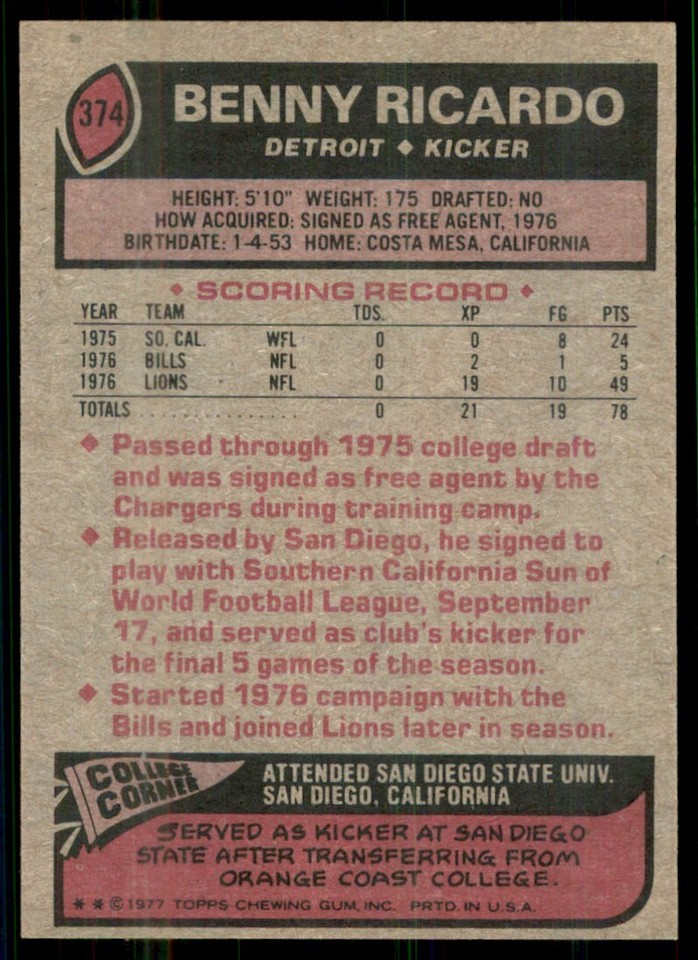 1977 Topps Benny Ricardo Rookie Detroit Lions #374 | eBay