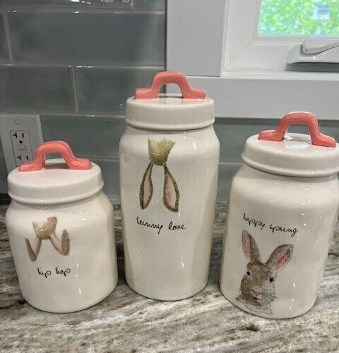 Rae Dunn 3 Piece Canister Set Hip Hop Happy Spring Bunny Love Kitchen ...