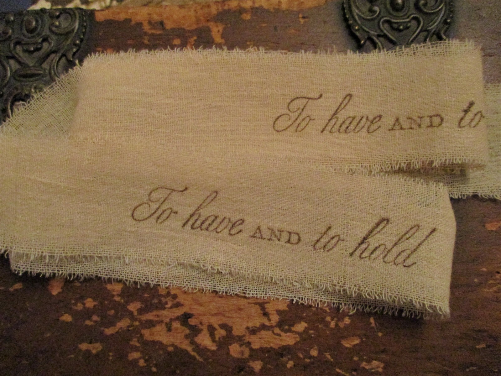 Hand Stamped Aged Tattered Fabric Rustic Wedding Ribbon ~ To have and ...