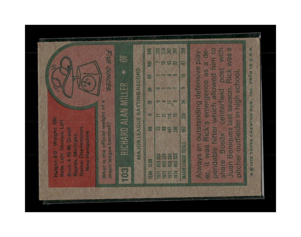1975 Topps #103 Rick Miller BASEBALL Boston Red Sox | eBay