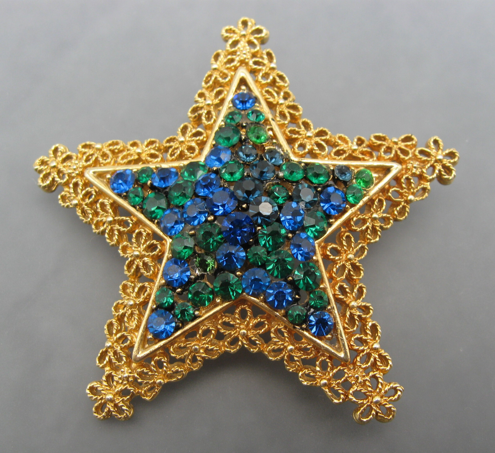 Vintage Karu Arke Blue Green Rhinestone Star Filigree… - Gem