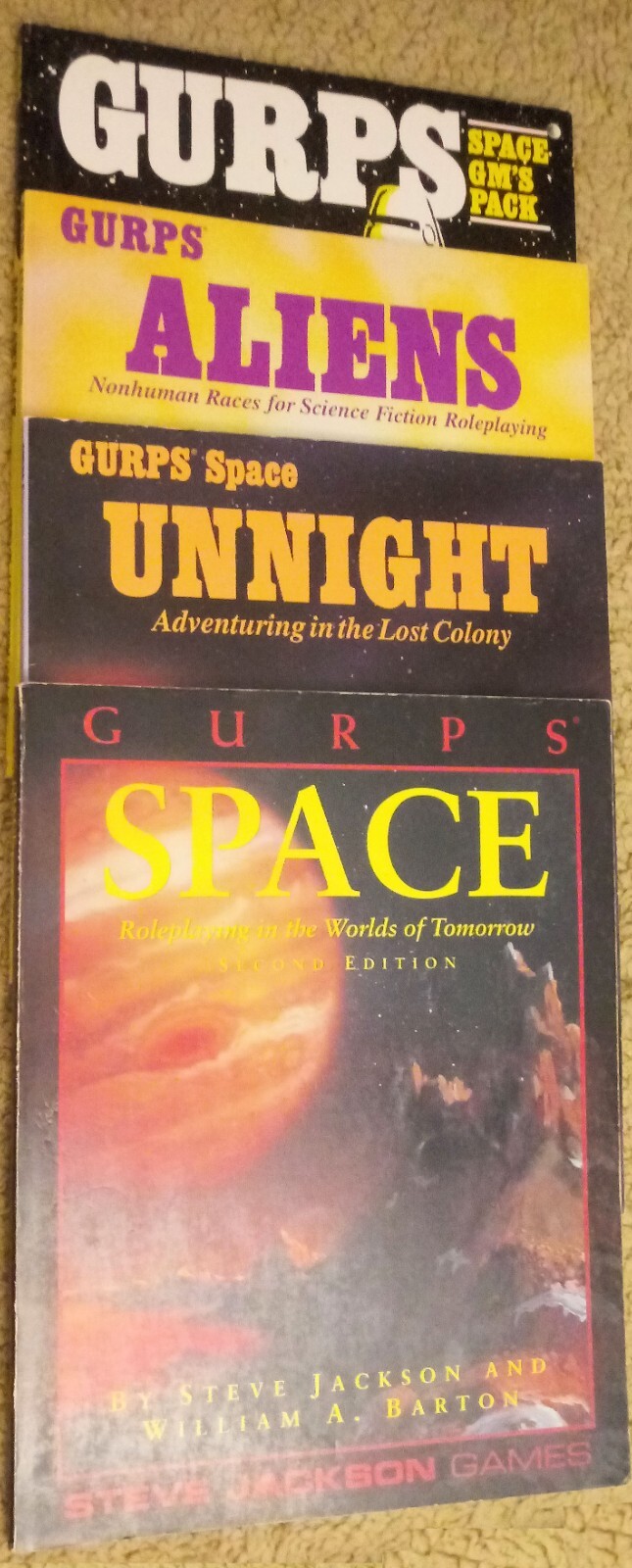 3 GURPS Space RPG Books: GM Pack, Space, Unnight &Aliens. Steve Jackson ...
