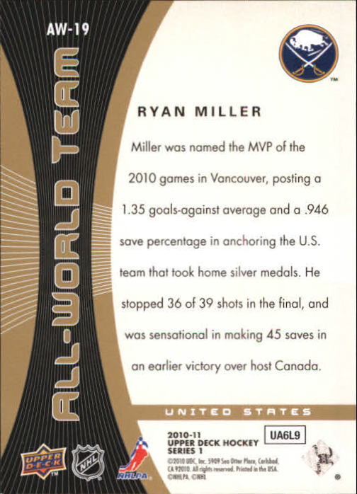 2010-11 Upper Deck All World Team #AW19 Ryan Miller | eBay