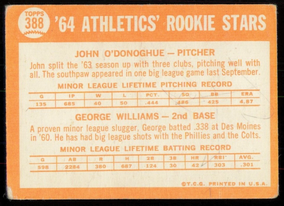 1964 TOPPS ATHLETICS 1964 ROOKIE STARS-O'DONOGHUE /G. WILLIAMS #388 VG ...