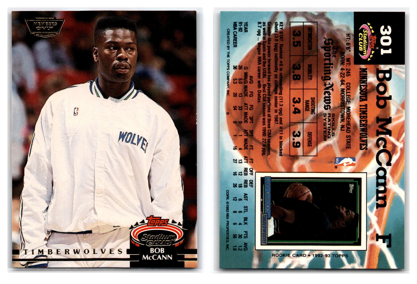 1992-93 Stadium Club Members Only #301 Bob McCann - Minnesota ...