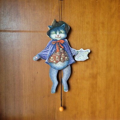 Vintage Wood Double Sided Halloween Black Cat Pull String Puppet ...