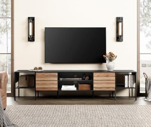 Mid-Century TV Stand for 90" TV, Black & Oak Media Cabinet Farmhouse TV ...