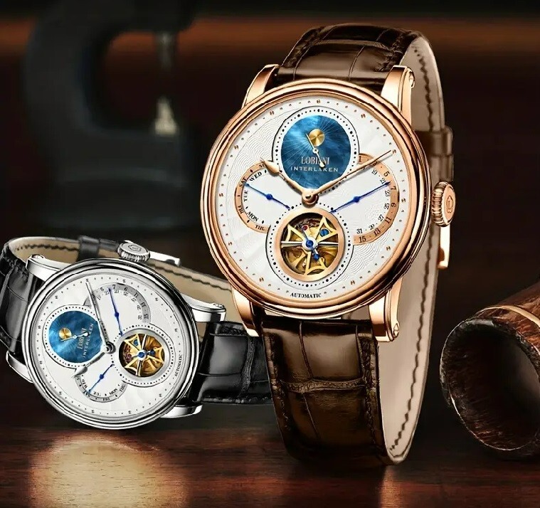 New LOBINNI Men's Leather Automatic Mechanical Watch - Rose Gold Black ...