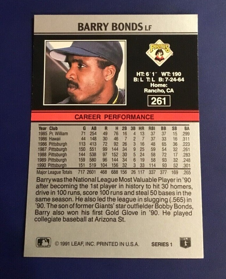 1991 Leaf # 261 BARRY BONDS Pittsburgh Pirates Batting Stance Great ...