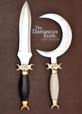 HANDMADE CRESCENT MOON Dagger Ritual Athame Boline Curved Blade| Bone ...