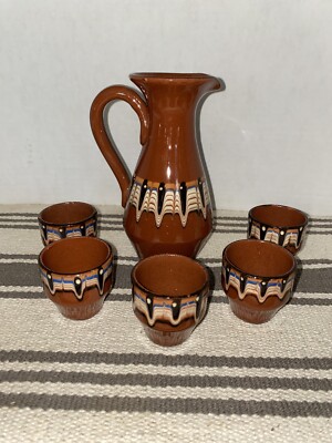Troyan Bulgarian Pottery Feather Redware Terracotta Pitcher & 5 Cups | eBay