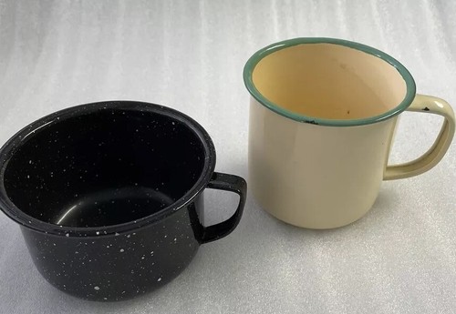 Tin Cups Blue Speckled 4" & White With Green 3.25" Metal Vintage Camp ...