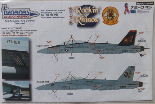 Two Bobs Decals 1/72 F/A-18F Rockin' Rhinos VFA-11 and VFA-106 #72-045 ...