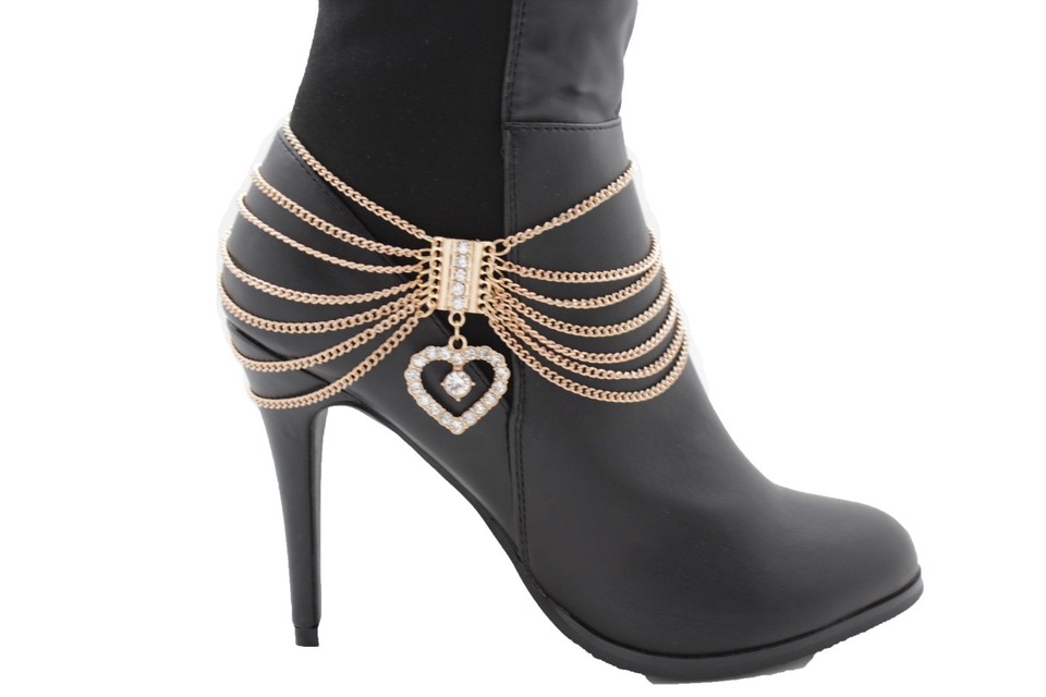 Women Gold Metal Chain Boot Bracelet Shoe Anklet Bling Heart Charm ...