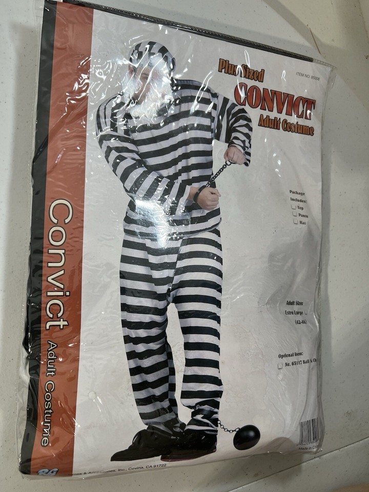 Jailbird Costume Plus Size Extra Large Adult Convict Prisoner Halloween ...