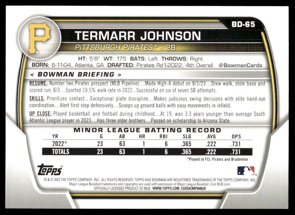 Termarr Johnson 2023 Bowman Draft BD-65 Pittsburgh Pirates Baseball ...