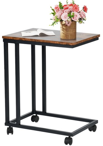 End Table C Shaped, Snack Side Table with Rolling Wheels for Sofa Couch ...