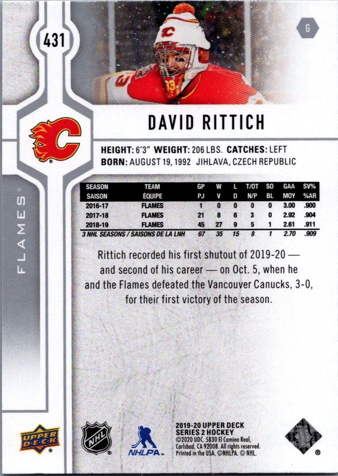 2019-20 Upper Deck #431 David Rittich Calgary Flames | eBay