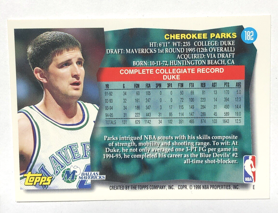1995-96 Topps Cherokee Parks 182 RC Rookie Dallas Mavericks NEAR MINT ...