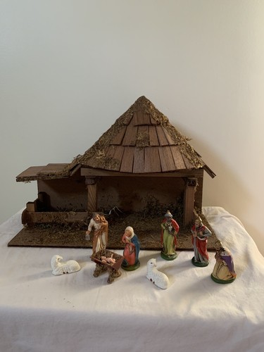 Vintage Rustic Wooden Christmas Nativity Creche Stable Manger with ...