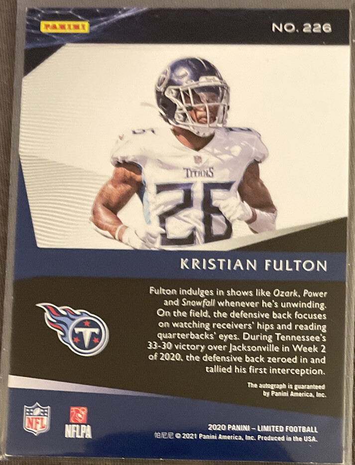 2020 Panini Limited KRISTIAN FULTON RC Autograph Rookie SP #’d 119/199 ...