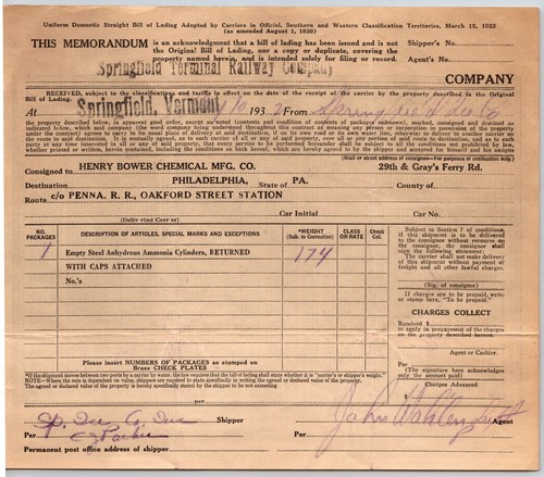 Springfield Terminal Railway Company Vermont 1932 Freight Memo Ammonia ...