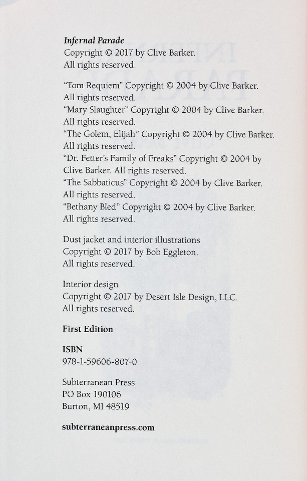 ***1st Printing/Ed*** Infernal Parade Book Clive Barker (Chiliad) NEW ...