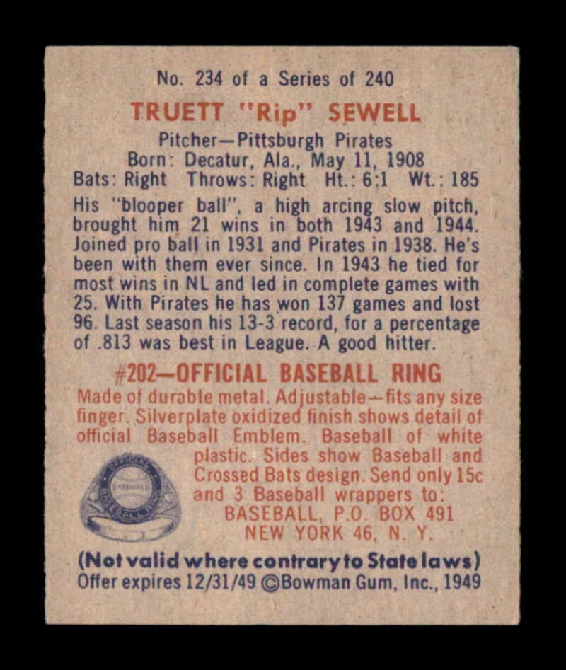 1949 Bowman #234 Rip Sewell RC EXMT+ X3605871 | eBay