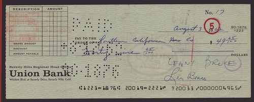 LENNY BRUCE - AUTOGRAPHED SIGNED CHECK 08/03/1962 | eBay