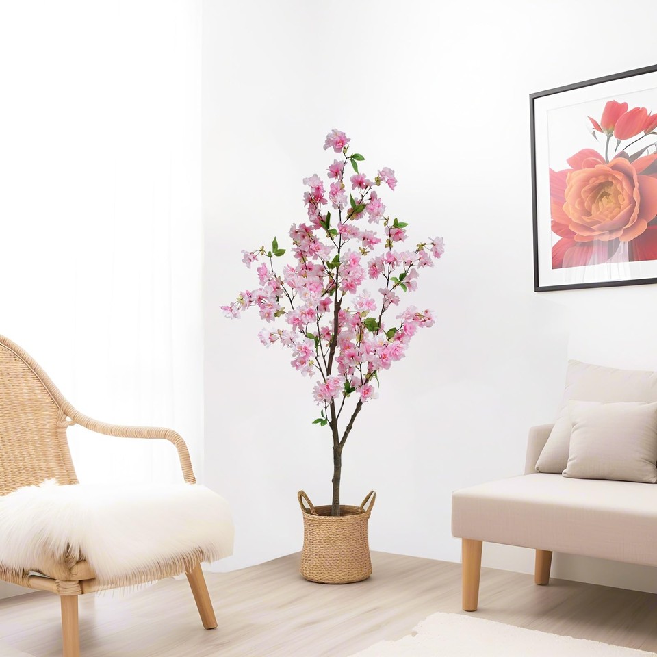 5FT Pink Cherry Blossom Artificial Tree, Lifelike Decorative Plant in ...