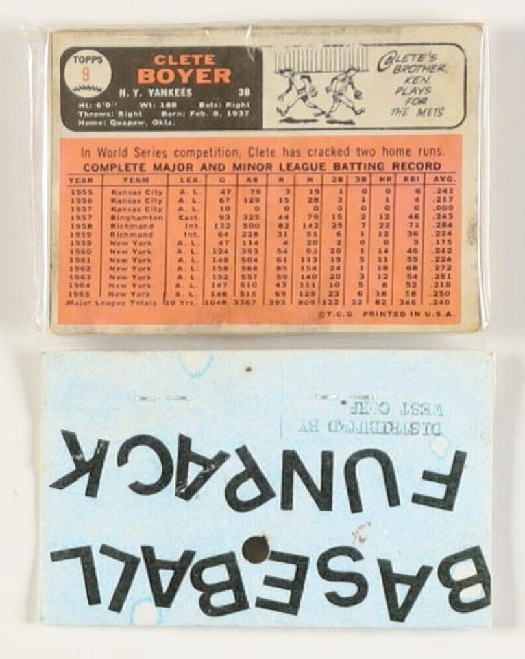 1966 Topps BASEBALL Card Fun Pack (10) Cards * CLETE BOYER ON THE BACK ...