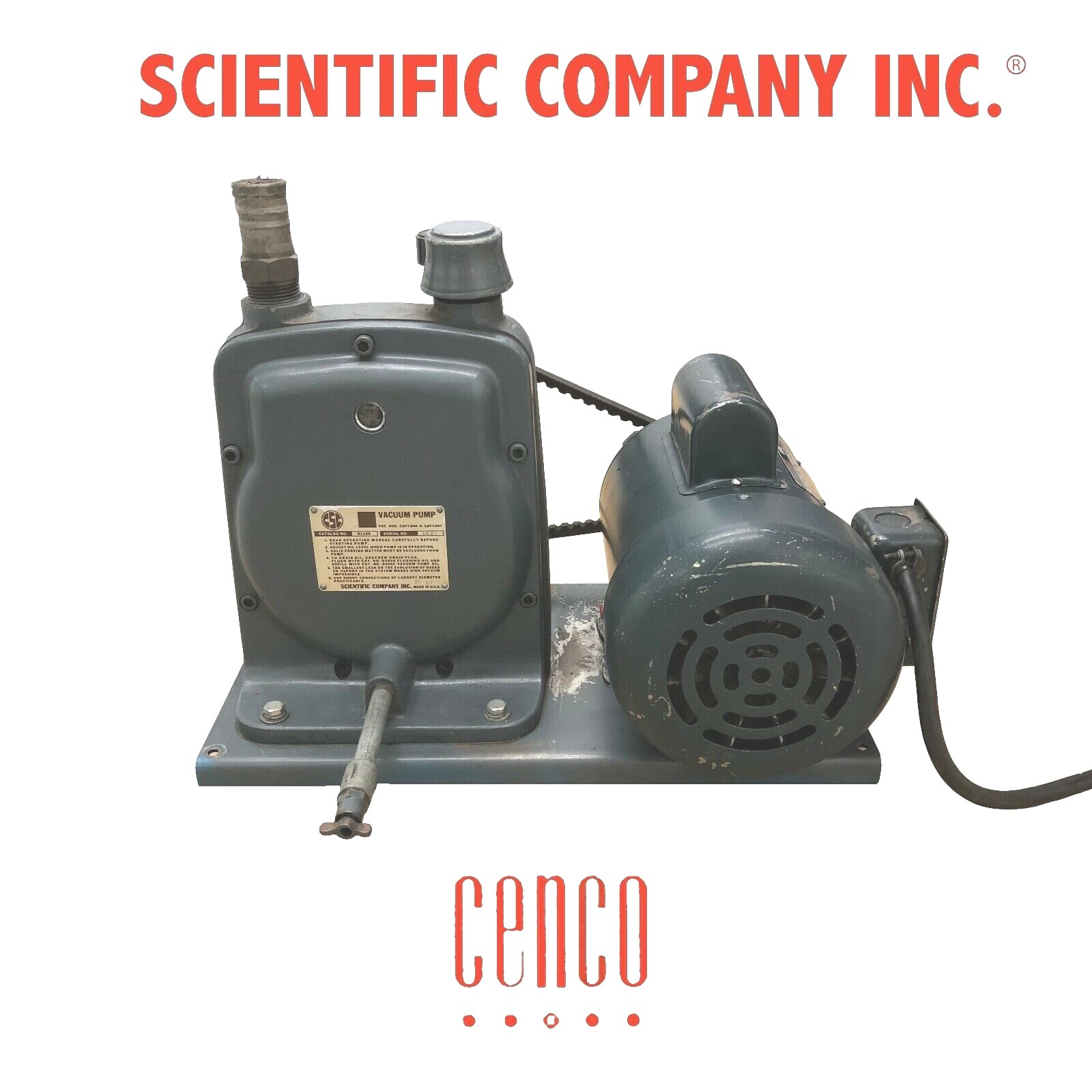 Scientific Company/Cenco Vacuum Pump 91140 Single Stage Belt Motor ...