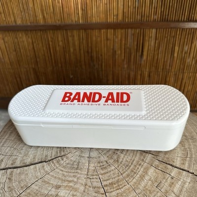 BAND-AID Shaped Box 8.25” White Plastic Storage Container Hinged Red ...