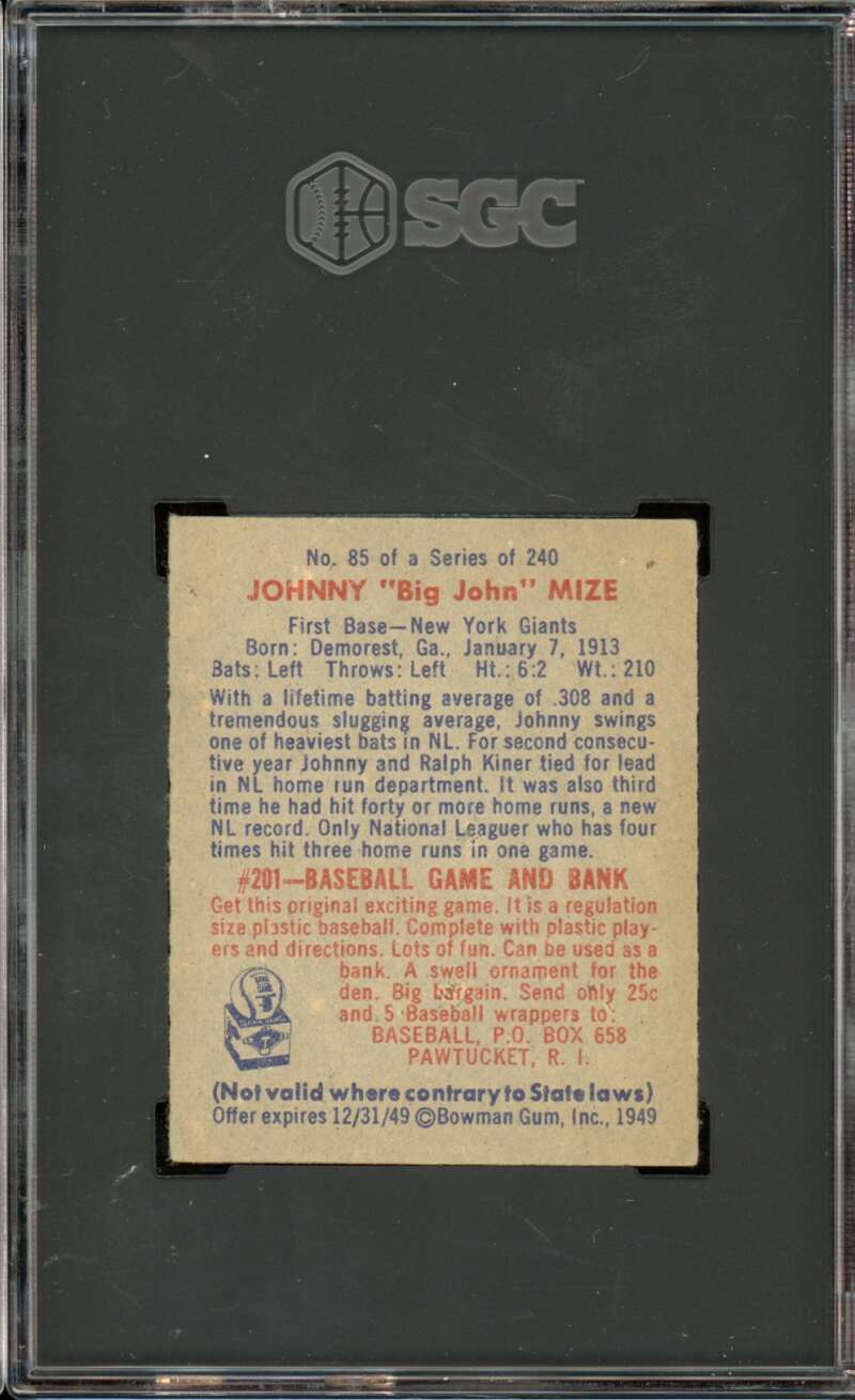 1949 Bowman #85 John Johnny Mize No Name on front Giants HOF SGC 5 EX ...