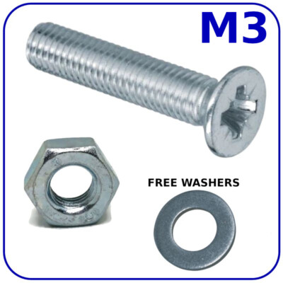 BOLTS AND NUTS M3 (3mm) MACHINE SCREWS COUNTERSUNK ZINC PLATED FREE ...