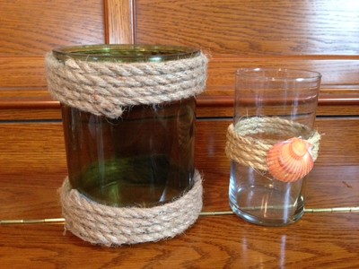 TWO LARGE GLASS VASES ROPE DESIGN HOME DECOR TABLE NAUTICAL SEA BEACH ...