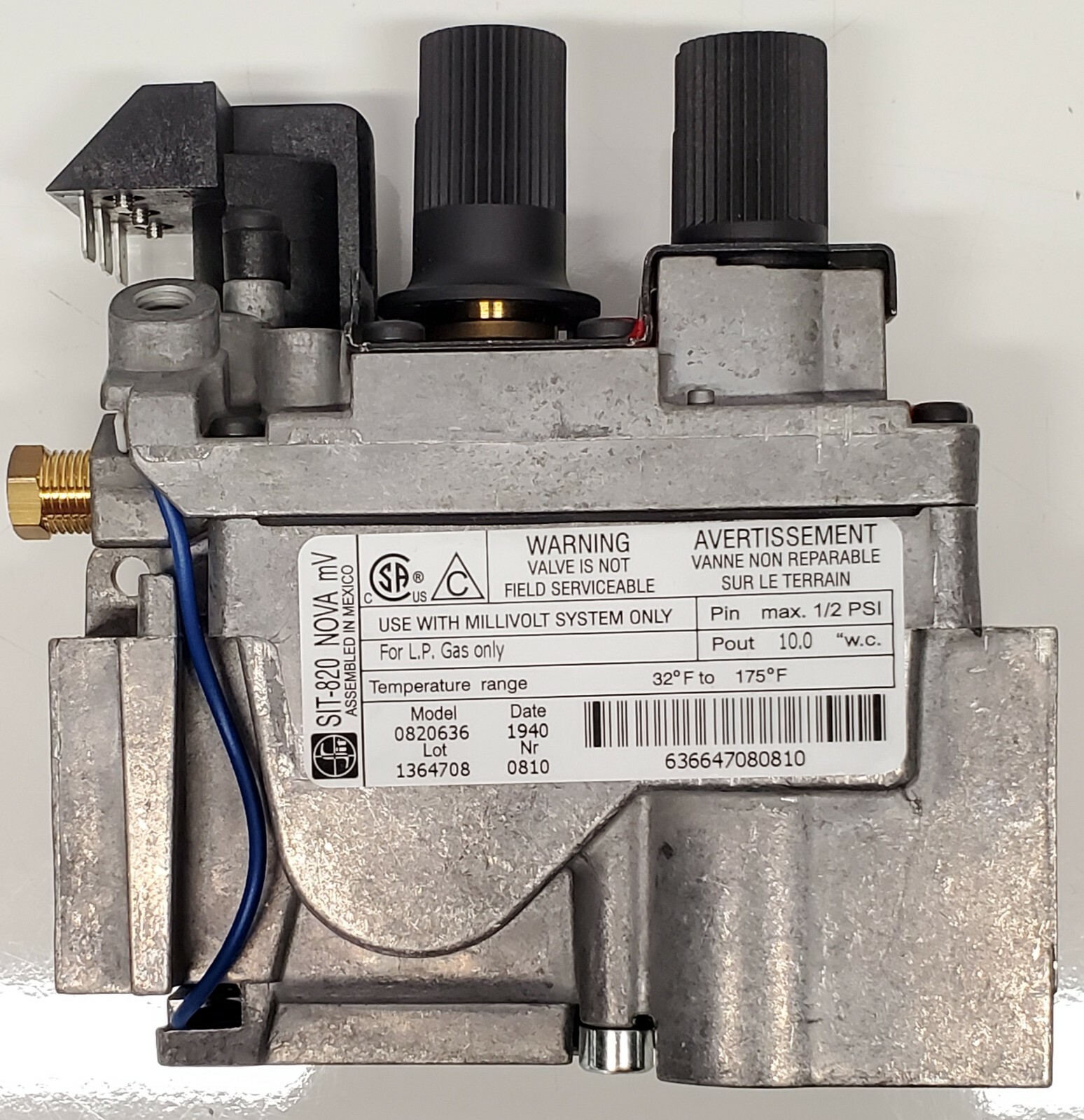 SIT Nova 820 Propane Valve 0820636 LP Gas Only Millivolt Fireplace Vent ...