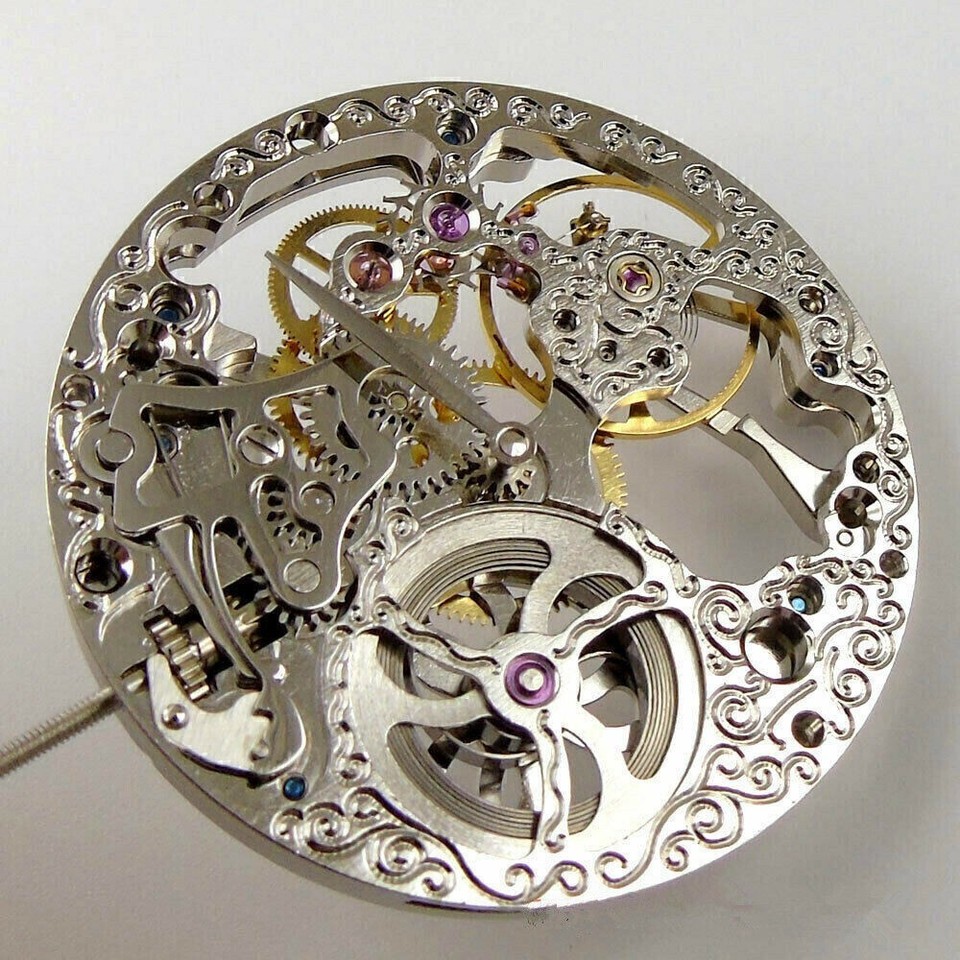 17 Jewels Watch Movement Mechanical Silver Skeleton Hand Winding For ...