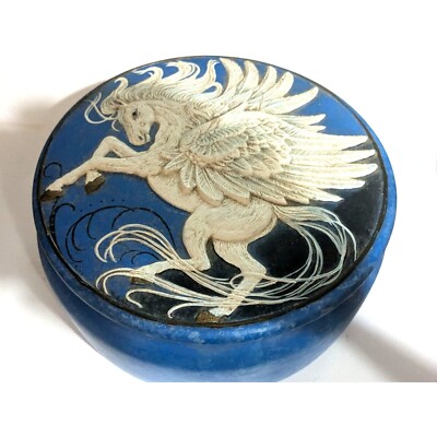 Blue Ceramic Pegasus Round Box Hand Painted 7 in Across 3.5 in Tall ...