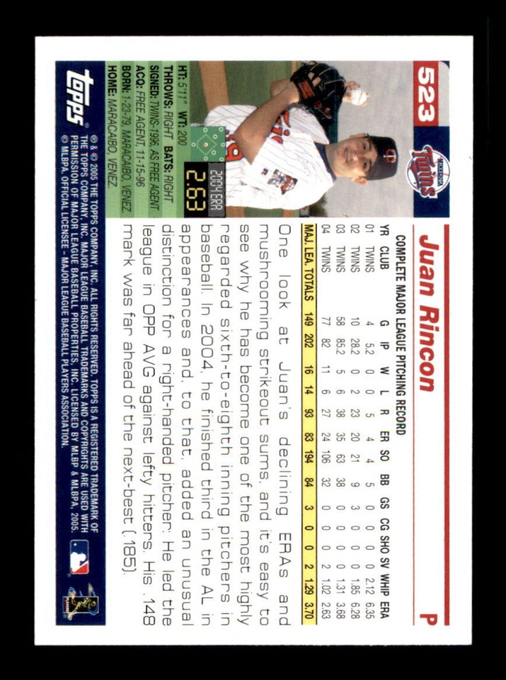2005 Baseball Topps Juan Rincon Minnesota Twins #523 | eBay